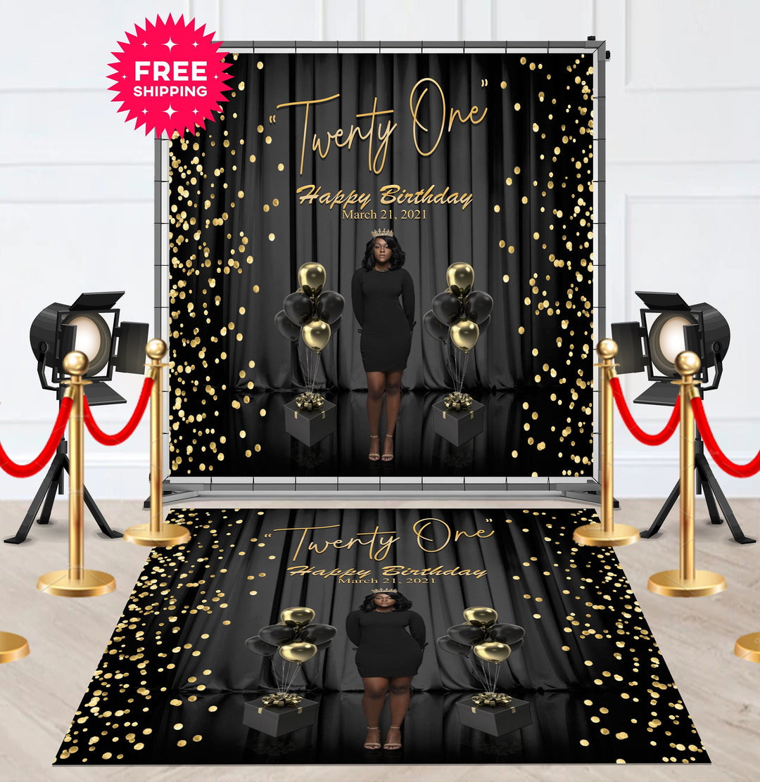 21st Birthday Removable Floor Decal Runner with Black and Gold Confett ...